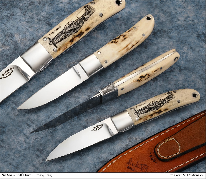 No.605 - Stiff Horn Elmax/Stag (Scrimshaw - P-51D Mustang) :: vdknife